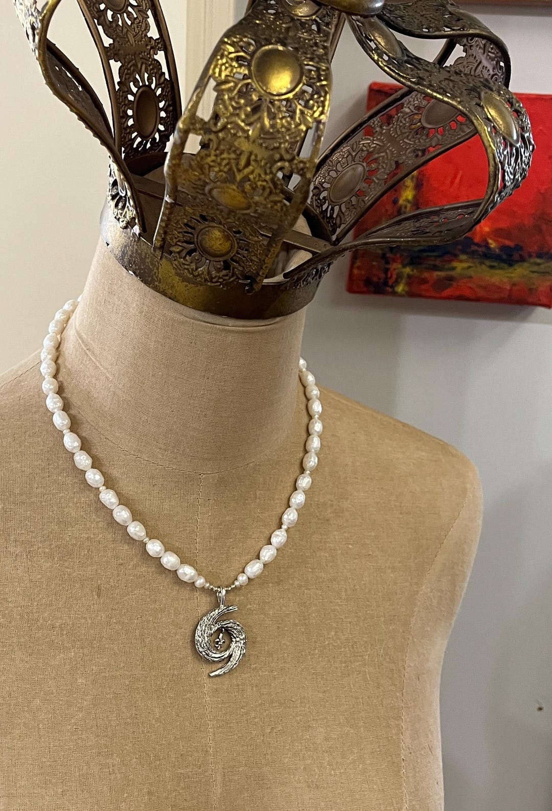 White Pearl Necklace With a Large Hurricane and Fleur De Lis Pendant - Etsy