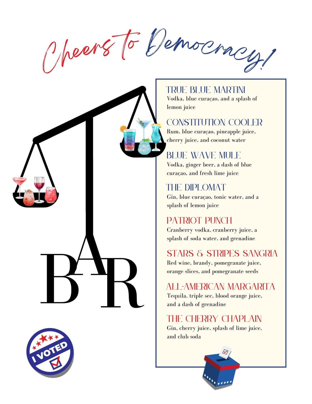EDITABLE Election Night Drink Menu Red and Blue Themed Cocktails, Bar ...