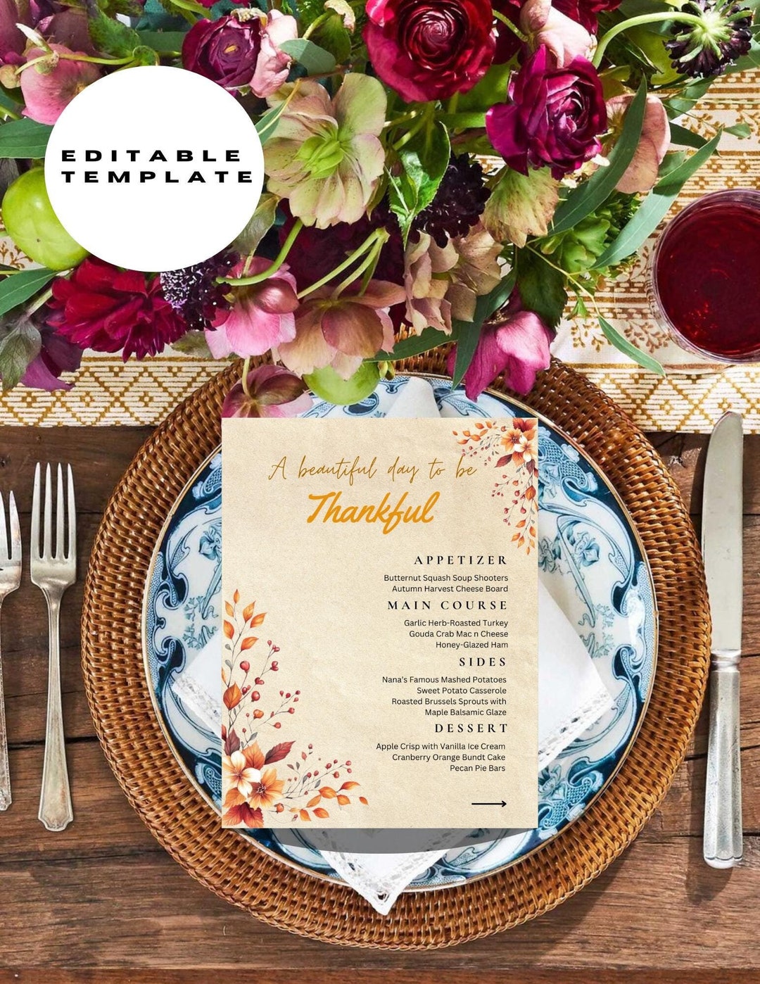 EDITABLE Vintage Thanksgiving Menu With Gratitude Section – Double ...