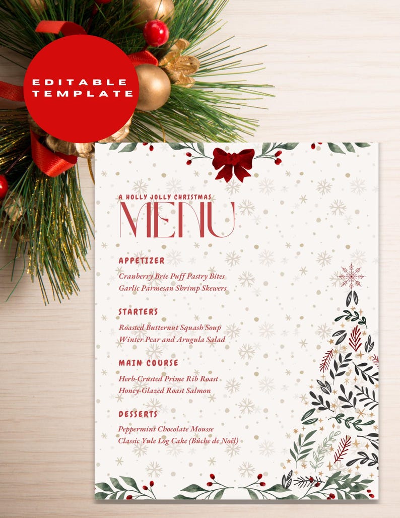 Editable Christmas Menu and Place Card Bundle - Festive Holiday Menu ...