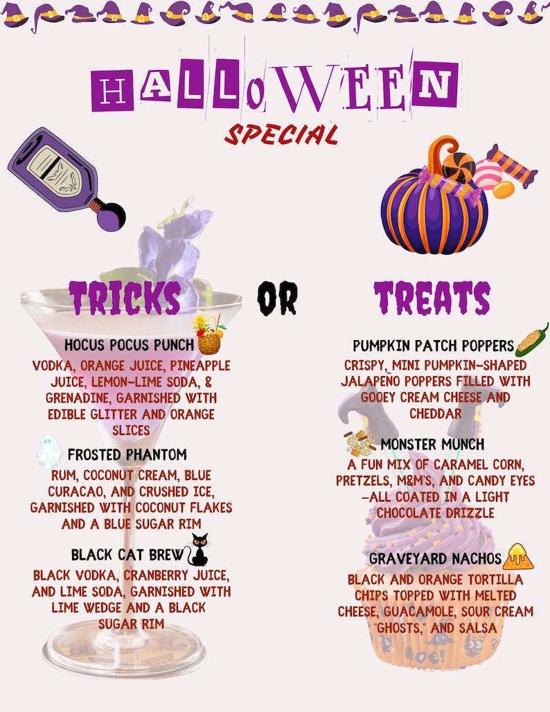 Editable Halloween Party Menu: Purple Trick or Treat Sign (digital ...