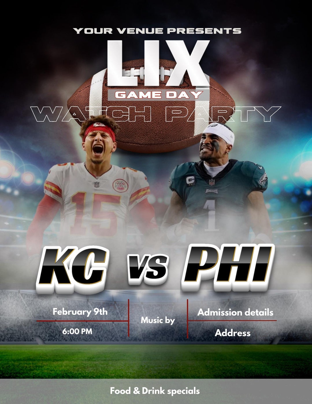 Editable Game Day LIX Watch Party Flyer Motion Football Event ...