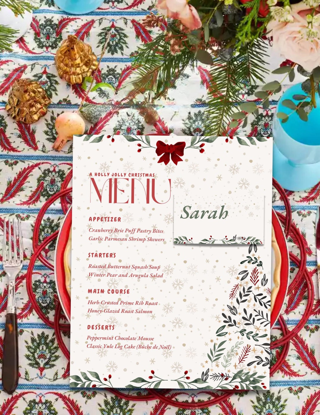 Editable Christmas Menu and Place Card Bundle - Festive Holiday Menu ...