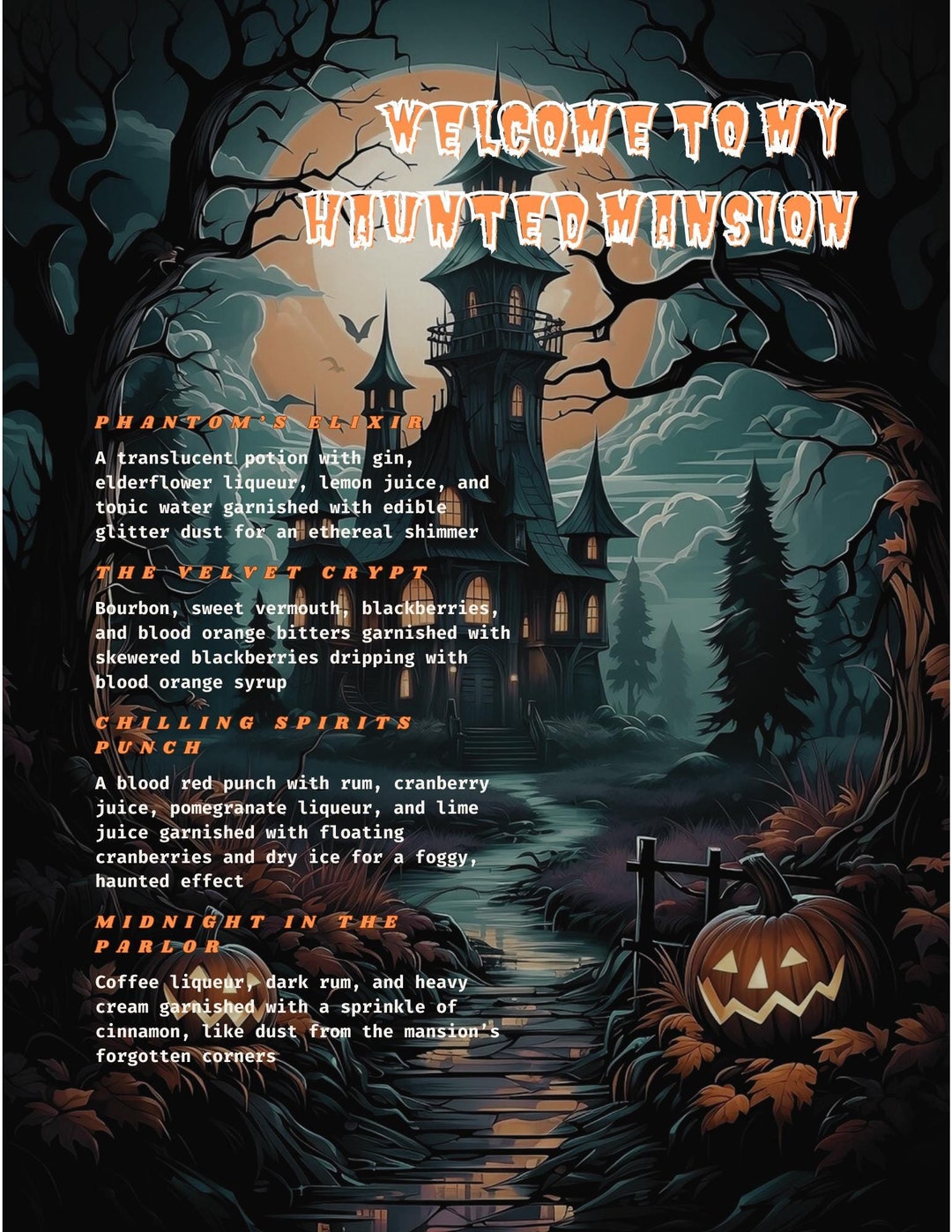 Editable Haunted Mansion Halloween Menu: Spooky Drink & Snack List ...