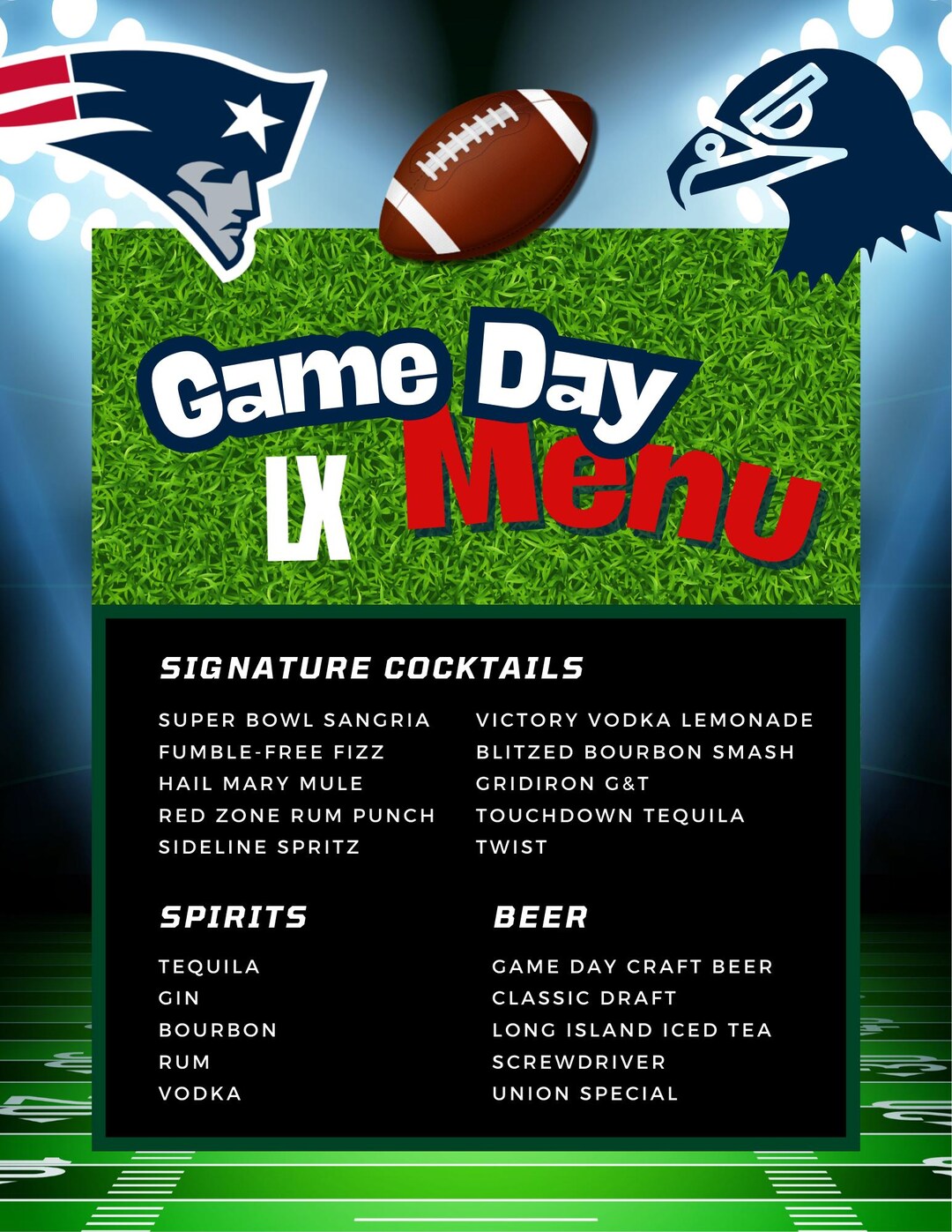 Editable Football Party Menu, Game Day Bar, Super Bowl (canva Template ...