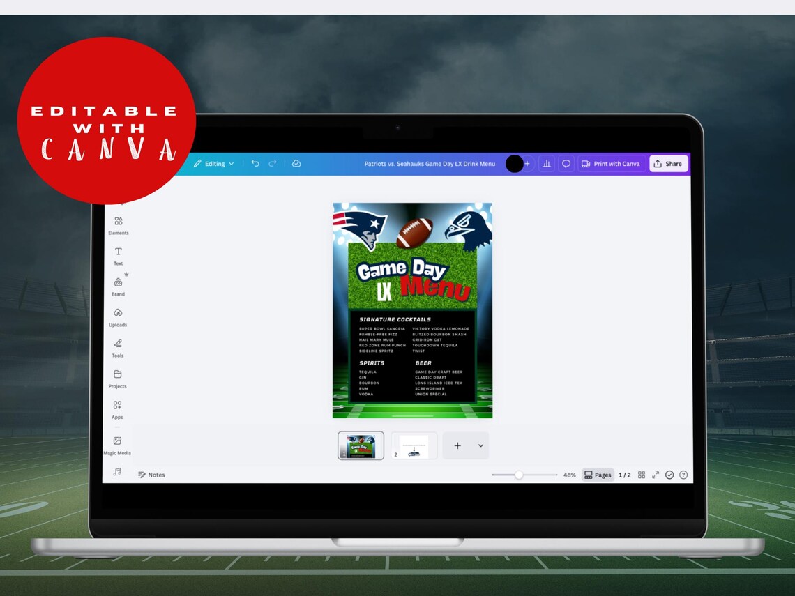 Editable Football Party Menu, Game Day Bar, Super Bowl (canva Template ...