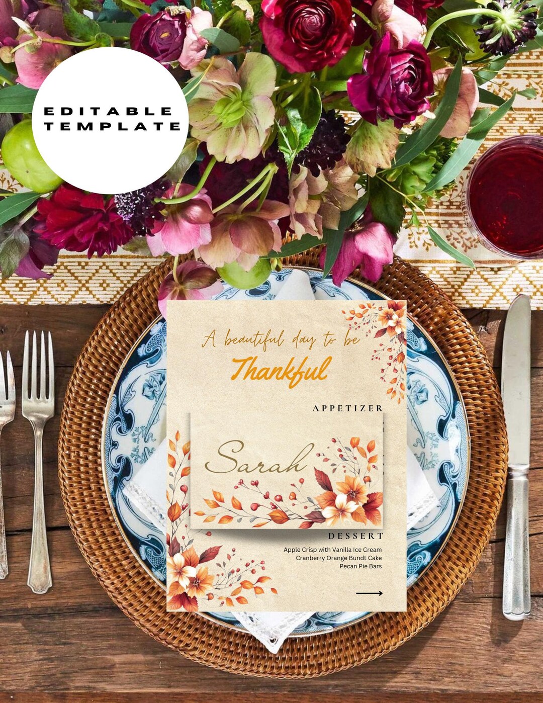 EDITABLE Vintage Thanksgiving Menu and Matching Place Card Set– Double ...