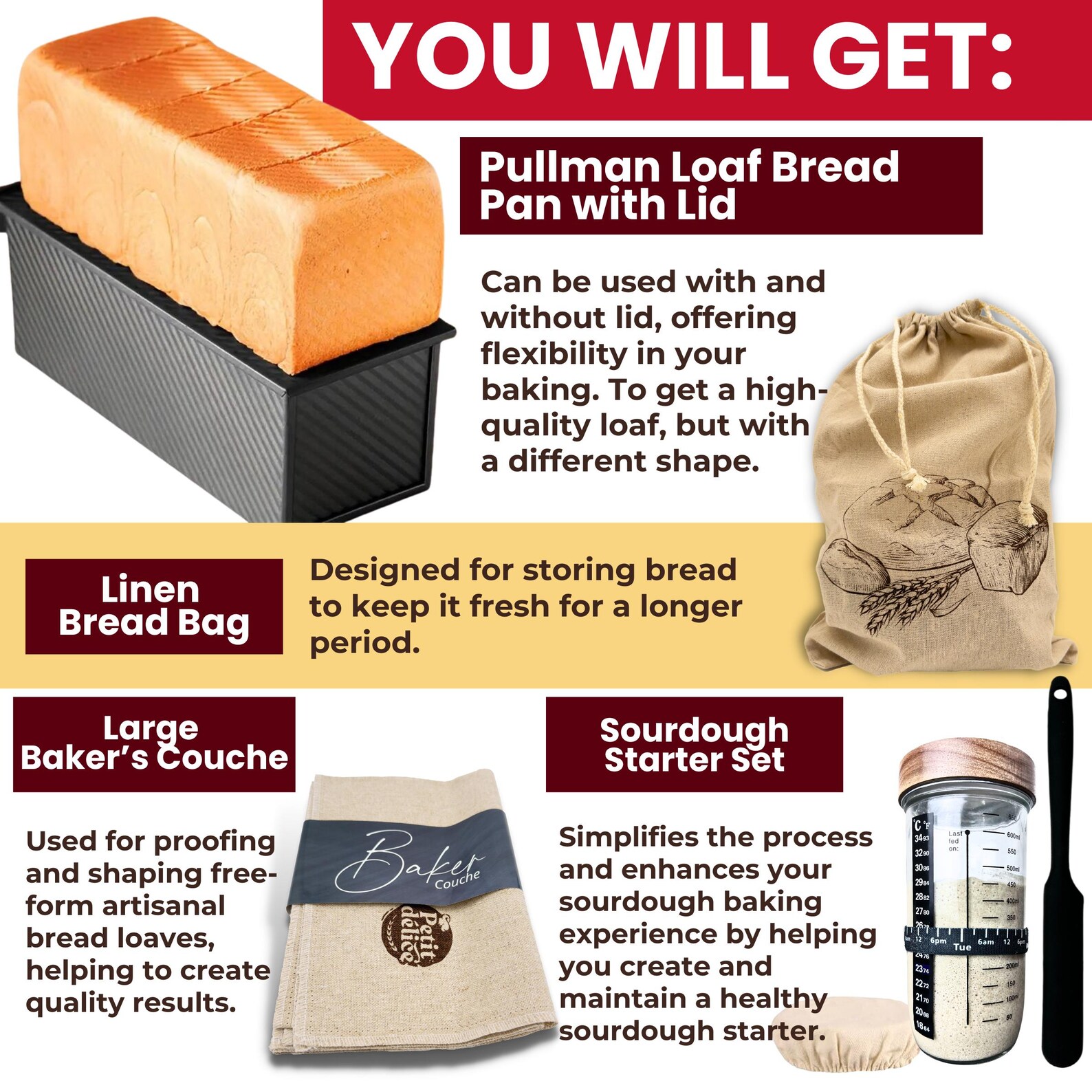 Bread Making Kit – Pullman Loaf Pan With Lid 2lb, Sourdough Starter Jar ...