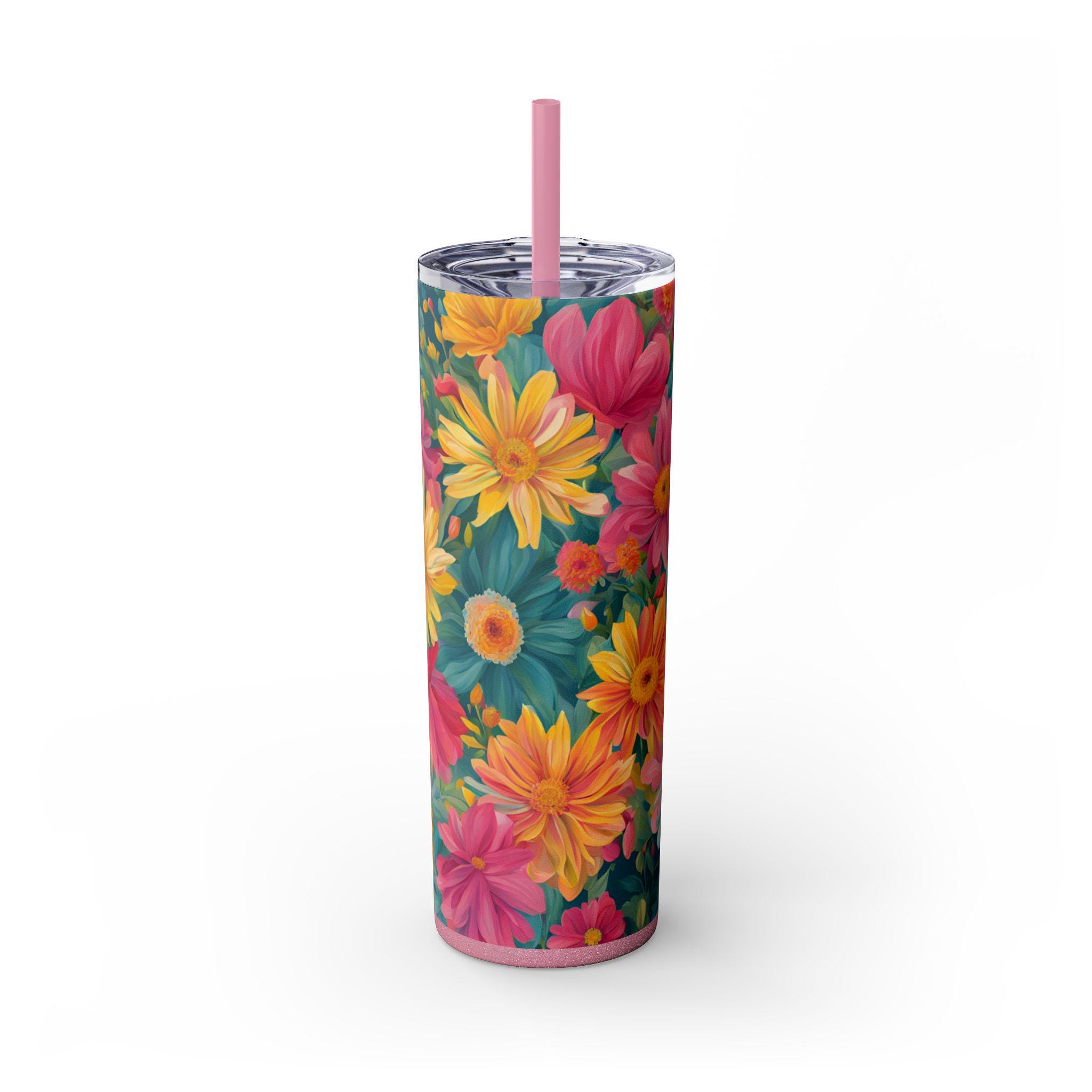 Watercolor Floral Skinny Tumbler With Straw, 20oz Floral Pattern ...