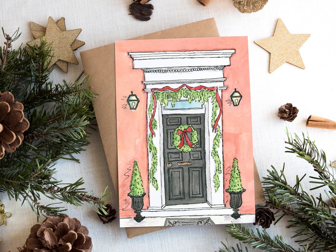 Decorated Front Door Watercolor Christmas Cards on Luxurious Cotton ...