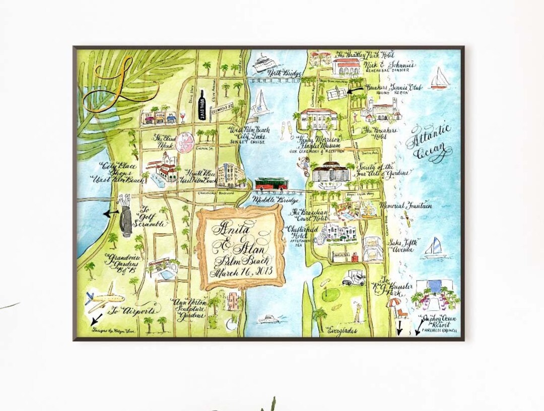 Palm Beach Wedding Map Size Medium Custom and Hand-painted - Etsy