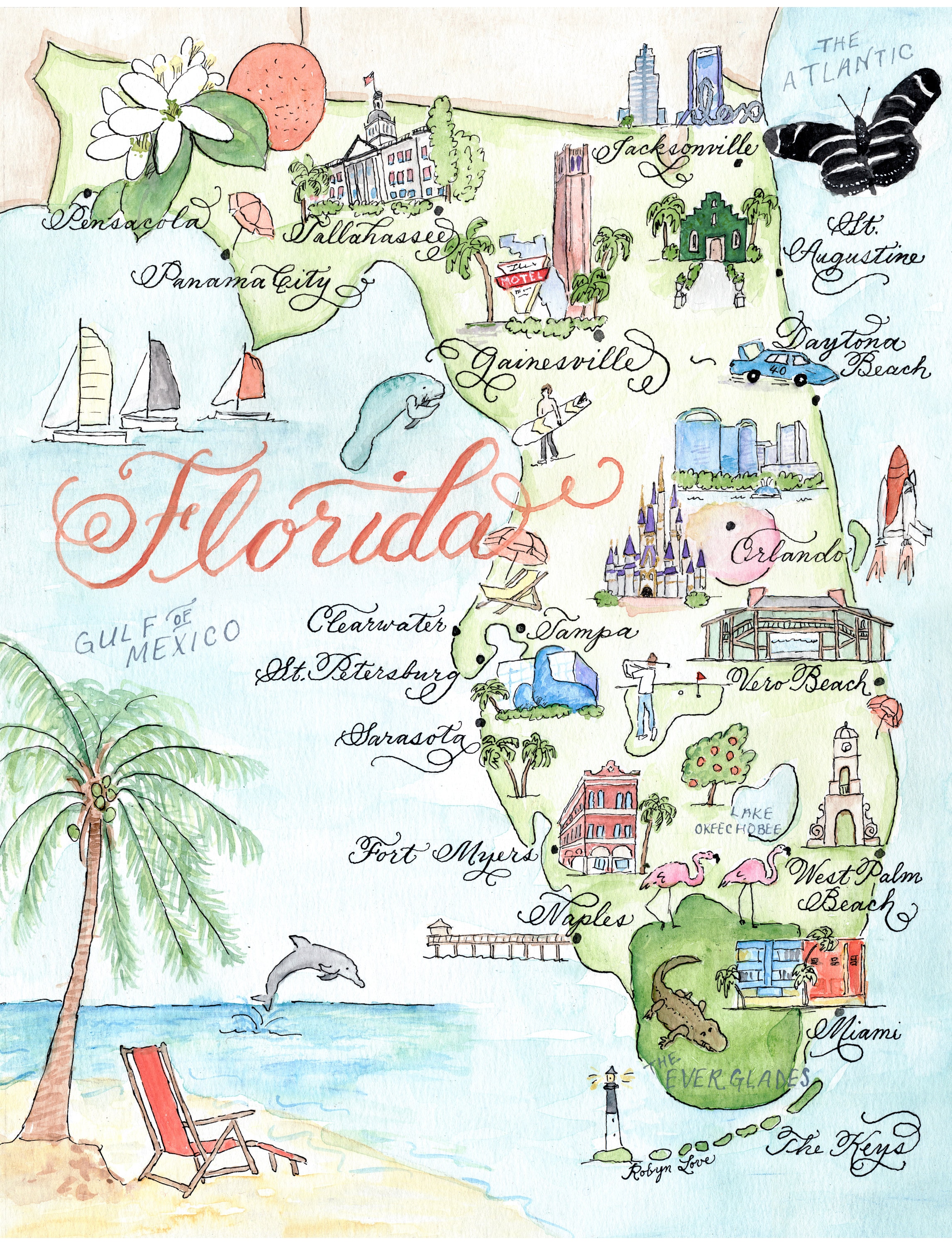 Hand-painted Watercolor Florida Map Luxury Print in 5 X 7 8 - Etsy
