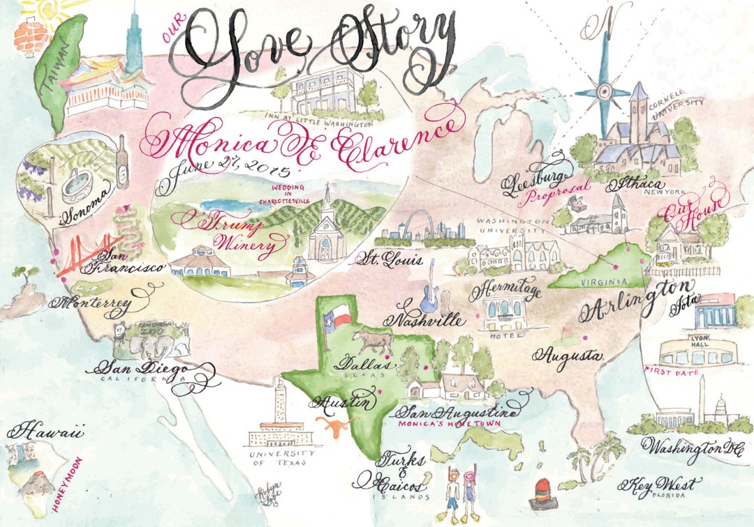 Wedding Map, "love Story" Size Medium Custom and Hand-painted - Etsy