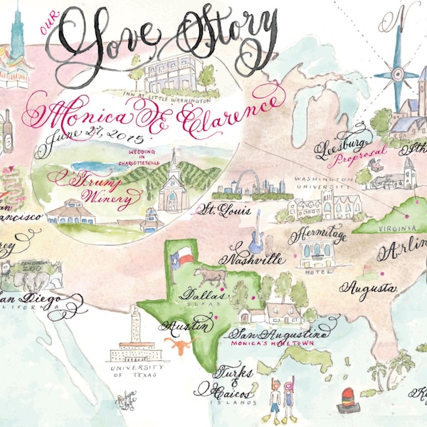 Painted Love Map With Invitation - Etsy