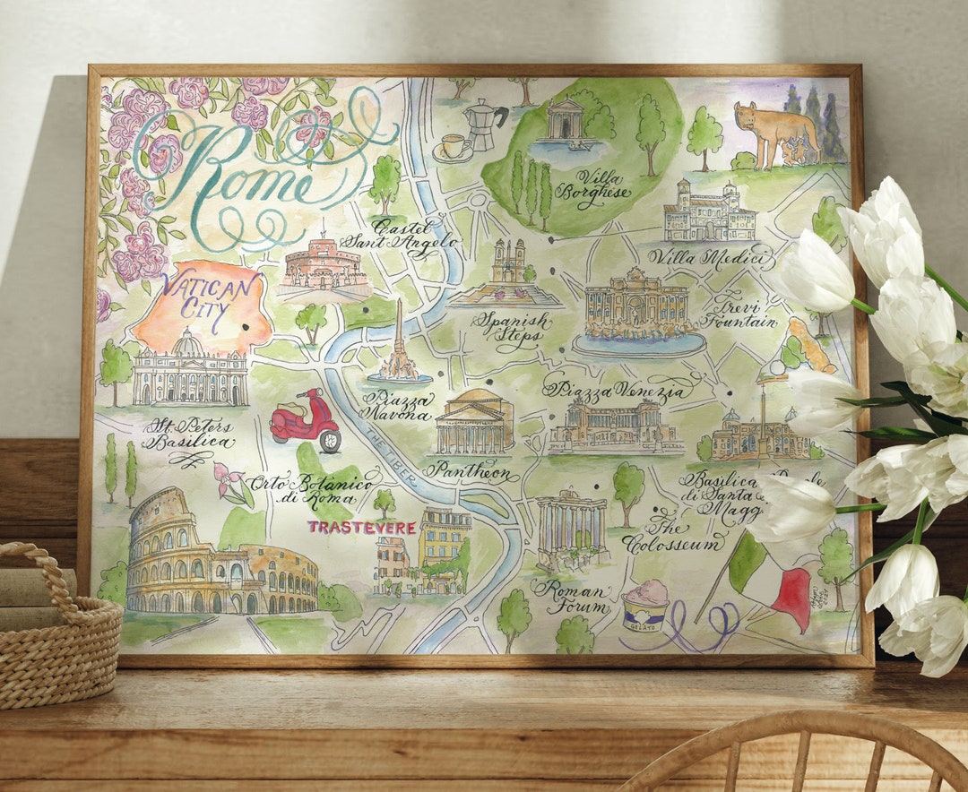 Map of Rome, Italy, Hand-painted Watercolor, Luxury Print in 5 X 7, 8 X ...