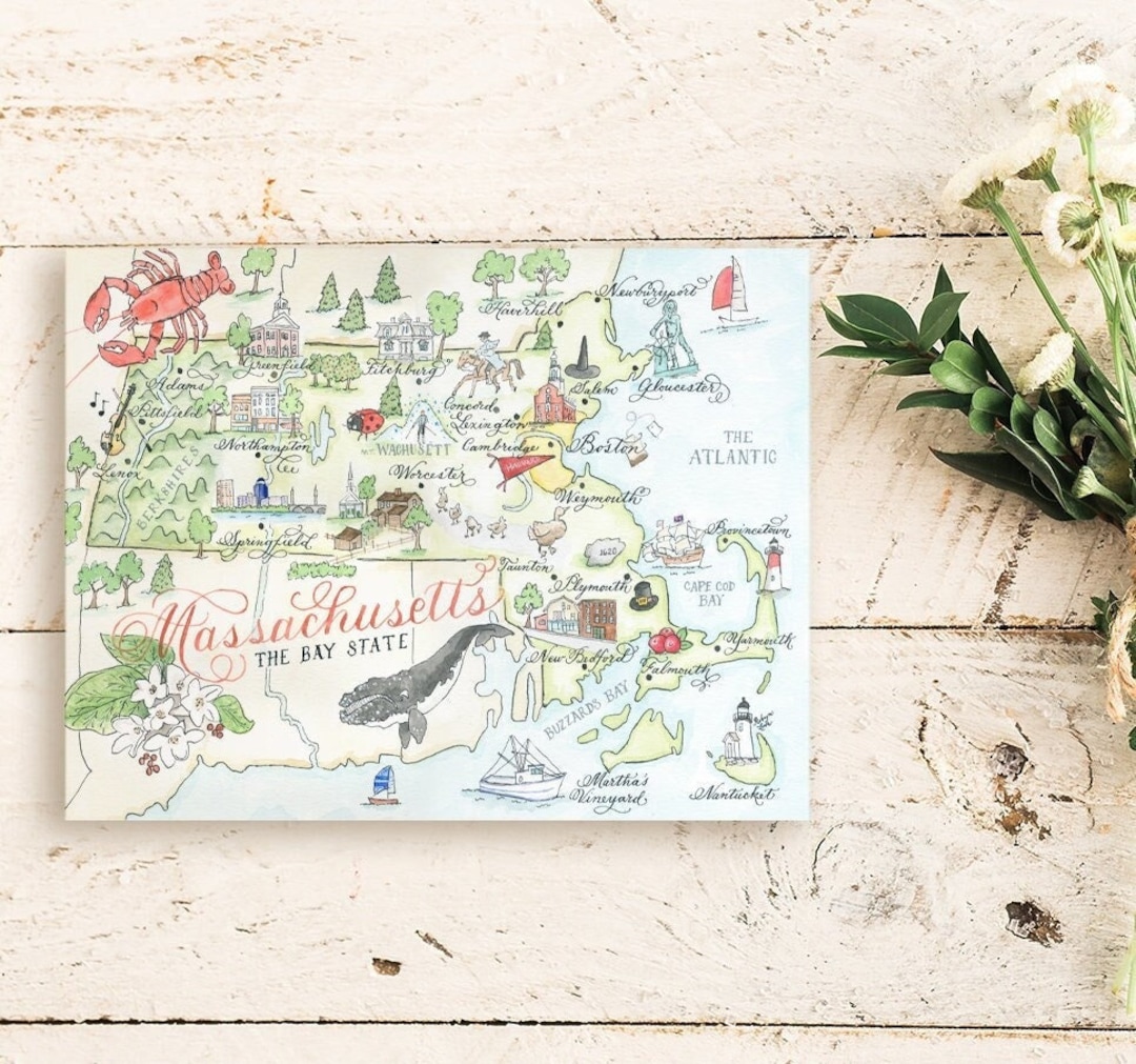 Watercolor Massachusetts Map Card -- Single Card, Set of 4, and Luxury ...