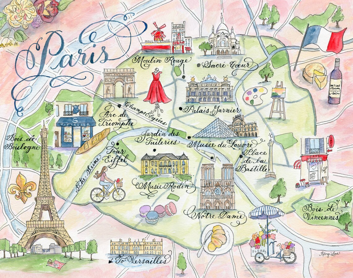 Paris France Map, Hand-painted Watercolor, Luxury Print in 5 X 7, 8 X ...