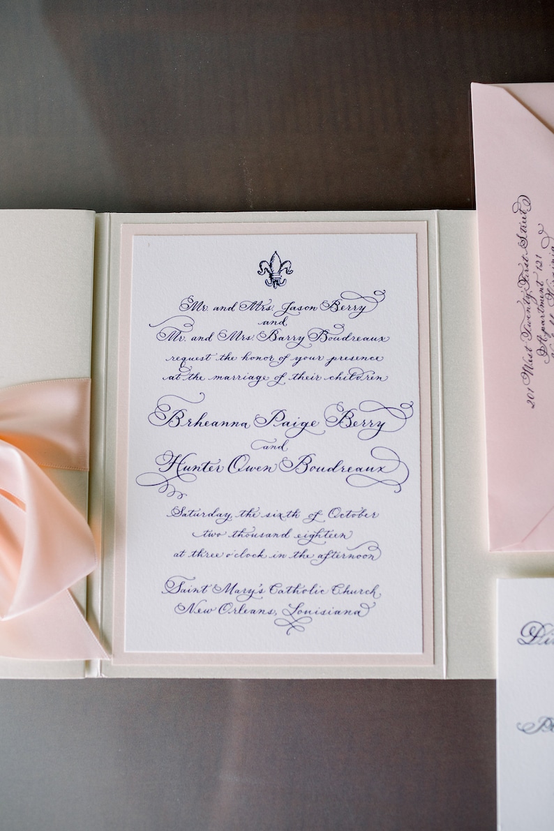 Wedding Invitation With Hand Calligraphy in Pocketfold Pale Pink ...