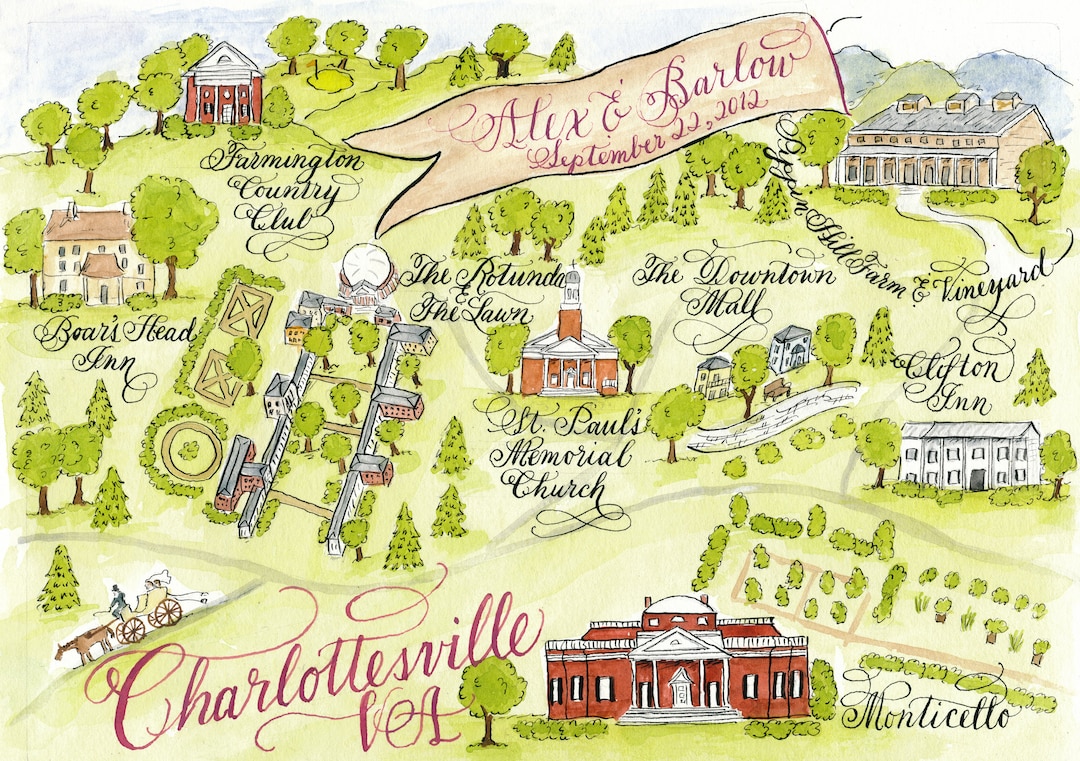 Charlottesville, Virginia Hand Painted Watercolor Wedding Map, Save the ...