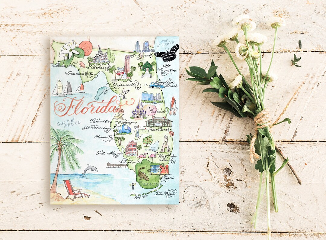 Watercolor Vintage Florida Map Card -- Single Card, Set of 4 or 10 - Etsy
