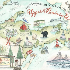Michigan Upper Peninsula Map Print, Hand-painted Watercolor Art - Etsy
