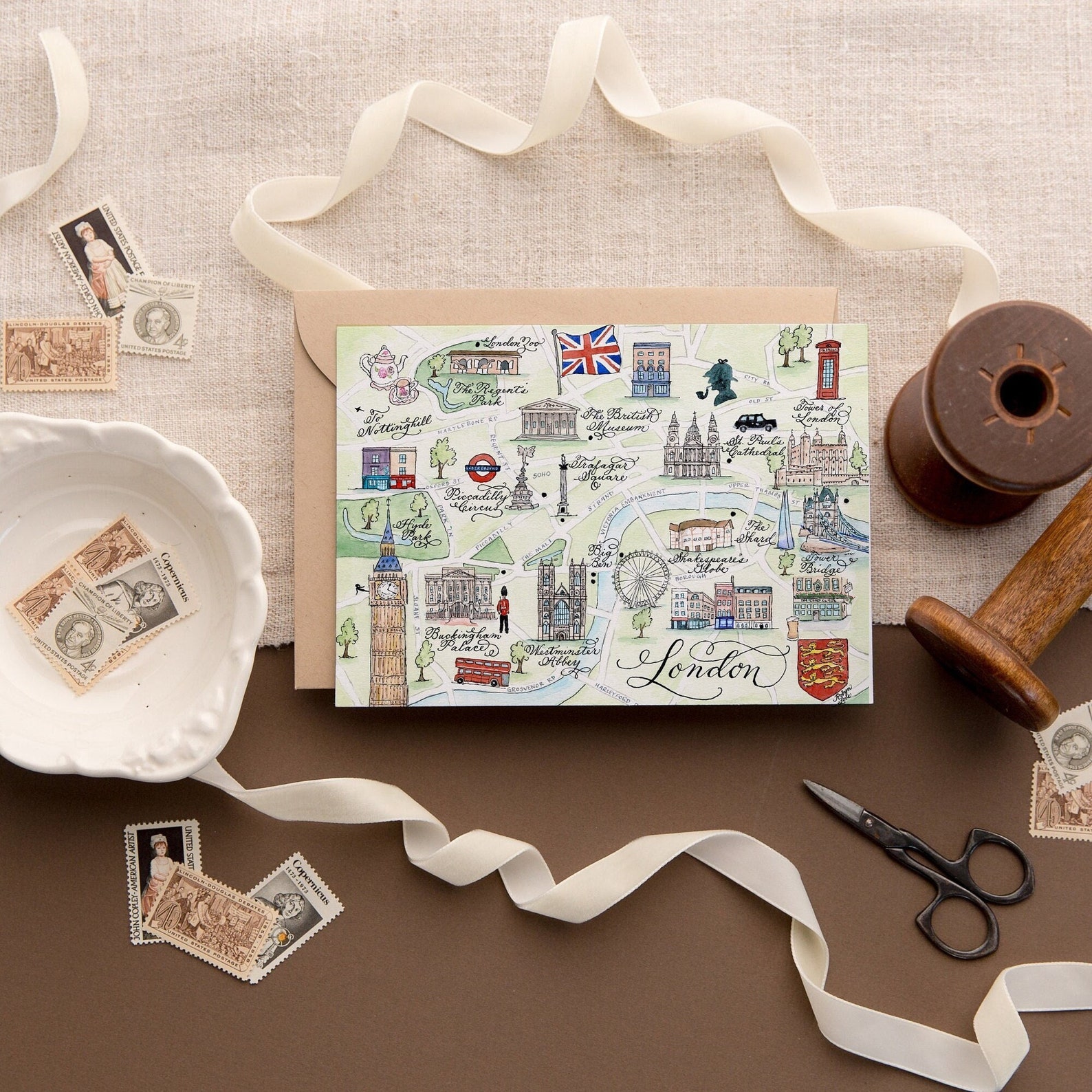 Watercolor London Map Card -- Single Card, Set of 4 or 10 - Etsy