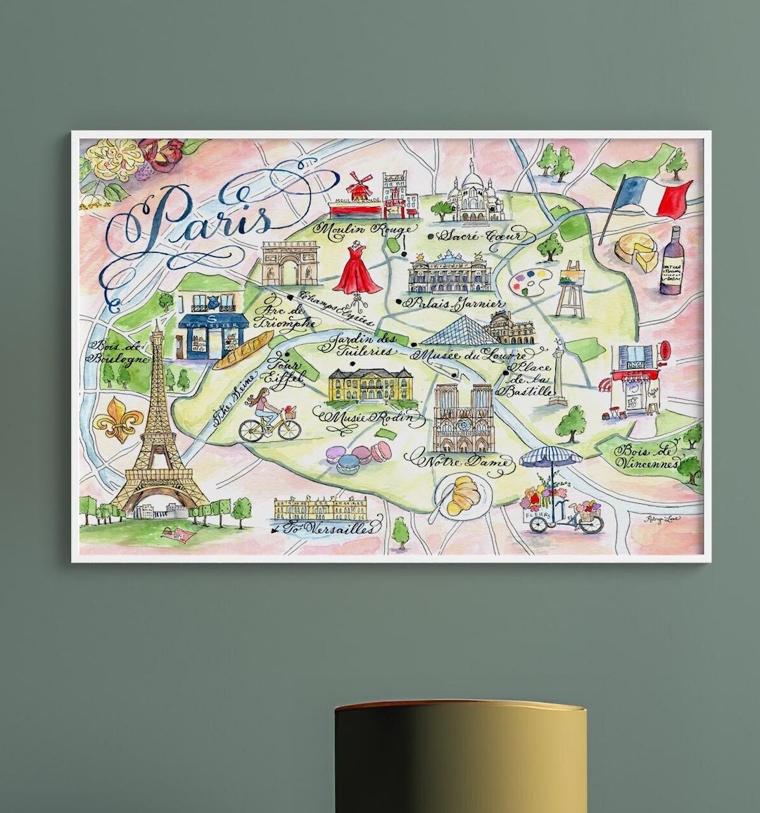 Paris France Map, Hand-painted Watercolor, Luxury Print in 5 X 7, 8 X ...