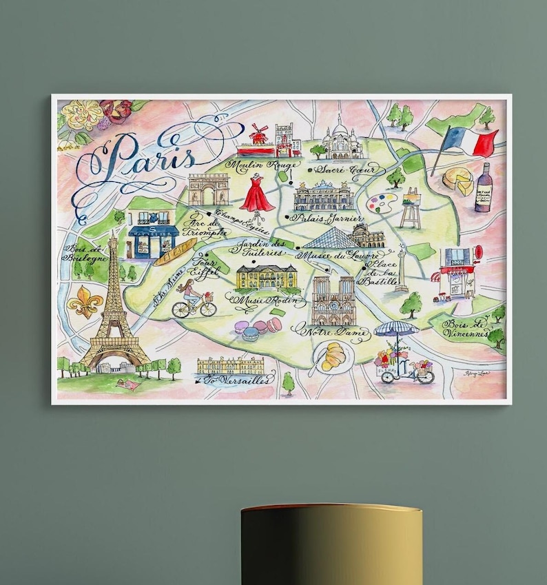 Paris France Map, Hand-painted Watercolor, Luxury Print in 5 X 7, 8 X ...