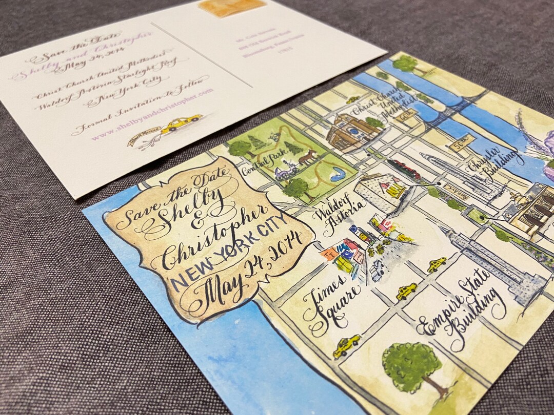 Save the Date Calligraphy Map Postcard Design and Prints - Watercolor ...