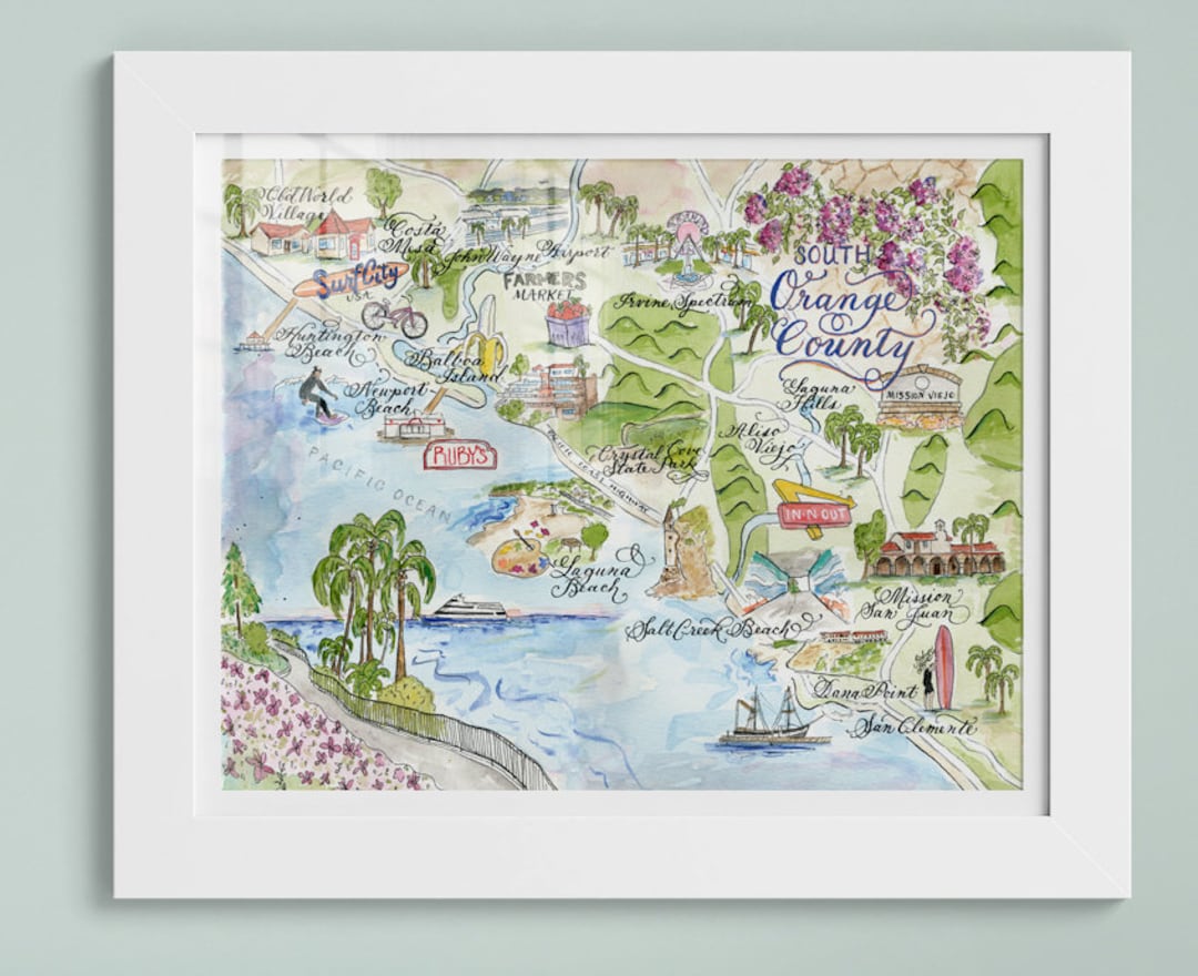 South Orange County, California Map, Hand-painted Watercolor, Luxury ...