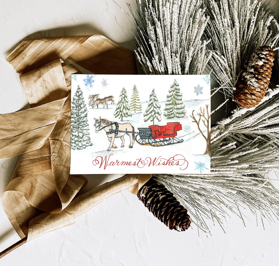 Warmest Wishes Sleigh Ride Calligraphy and Watercolor Christmas Cards ...