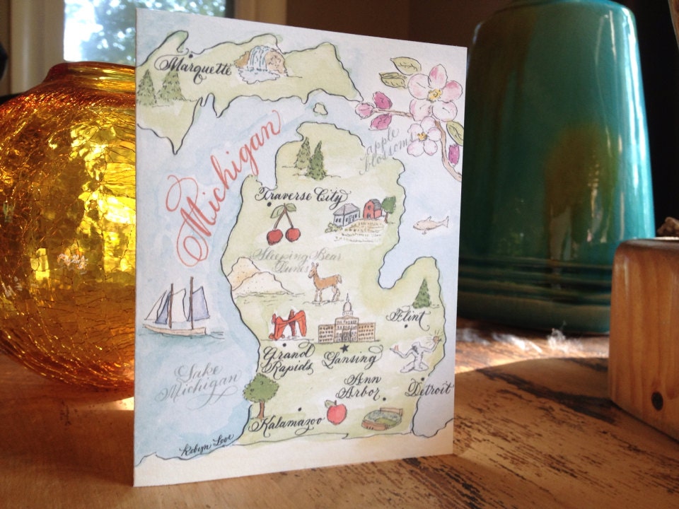 Watercolor Vintage Michigan Map Card Single Card Set of 4 - Etsy