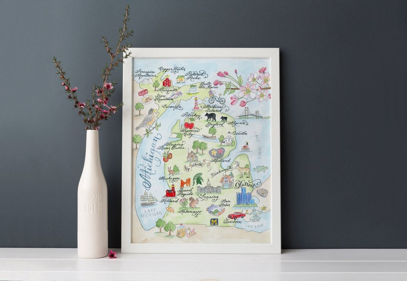 Map of Michigan - New Updated Version, Luxury Cotton Print in 5x7, 8 X ...