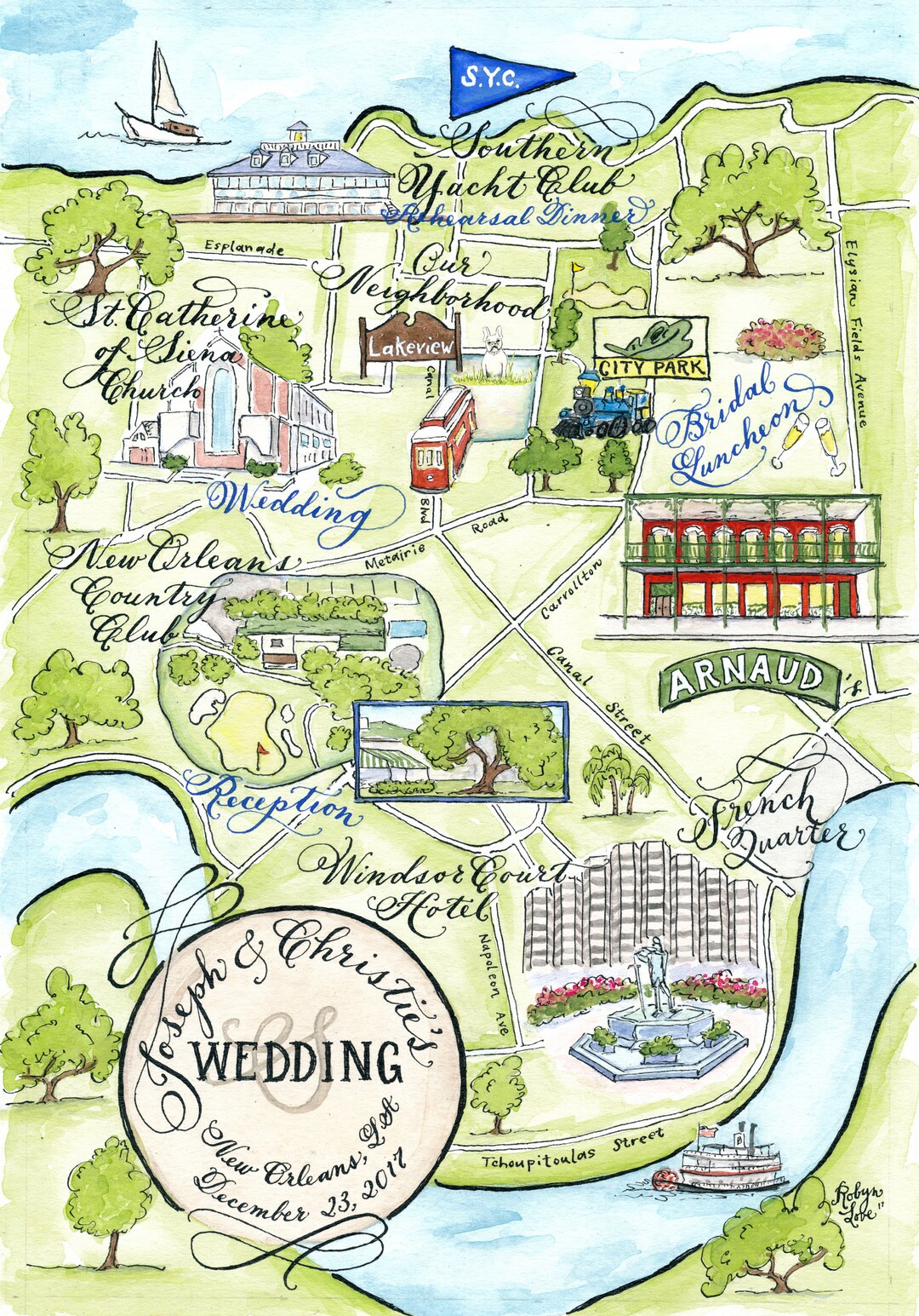 New Orleans, Louisiana Hand-painted Watercolor Wedding Map, Custom by ...
