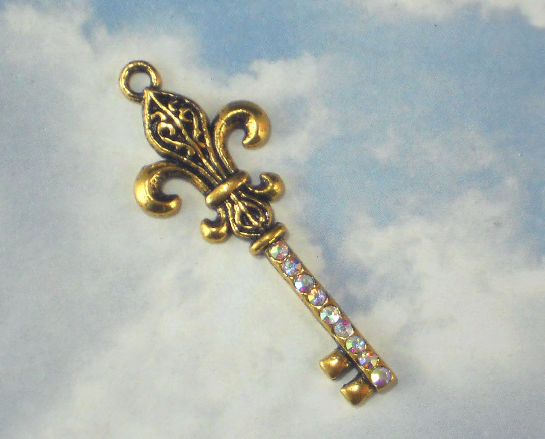3 Crystal Golden Fleur De Lis KEYS Charms AB Crystals Key - Etsy