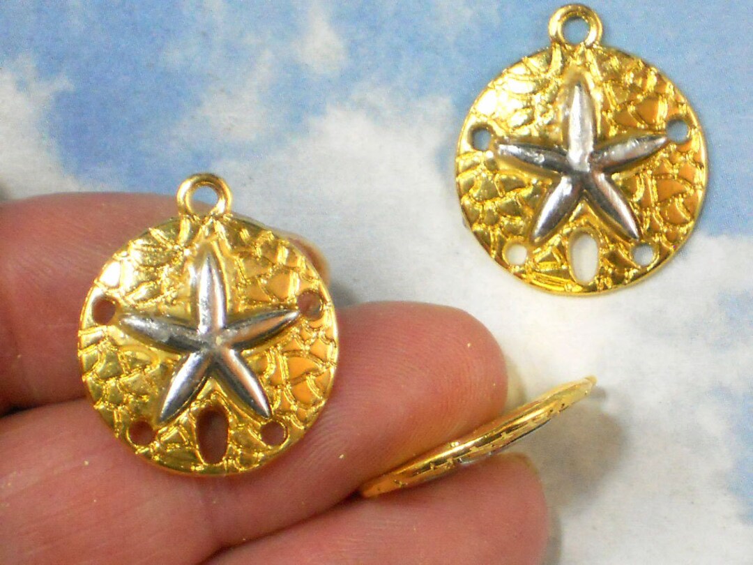 4 Sand Dollar Starfish Charms Pendants Flat Round 23mm Bright Gold ...