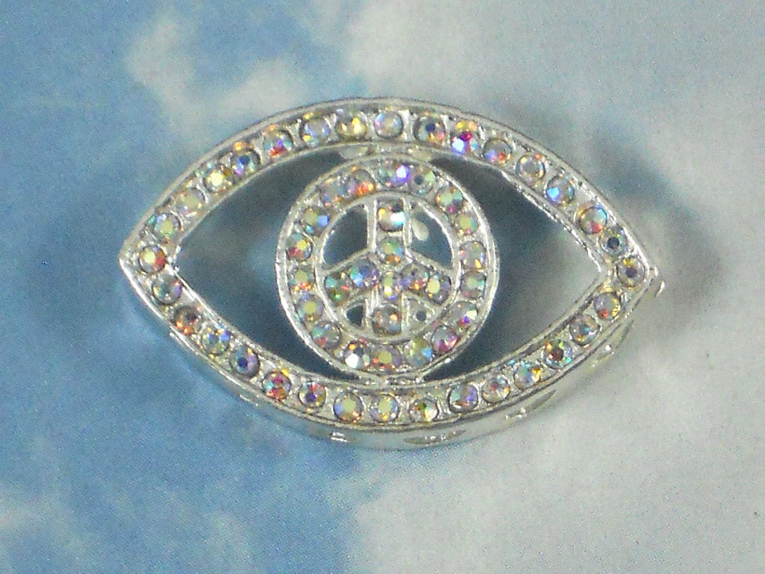 Peace Sign Eye Crystal AB Rhinestone Bead 30mm Encrusted & Silver BLING ...