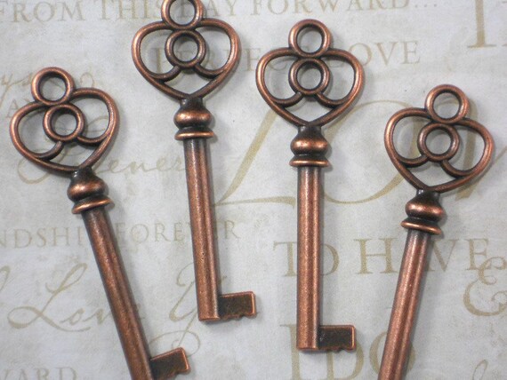 4 Heart Keys Large Skeleton Key Pendants Red Copper 61mm for | Etsy