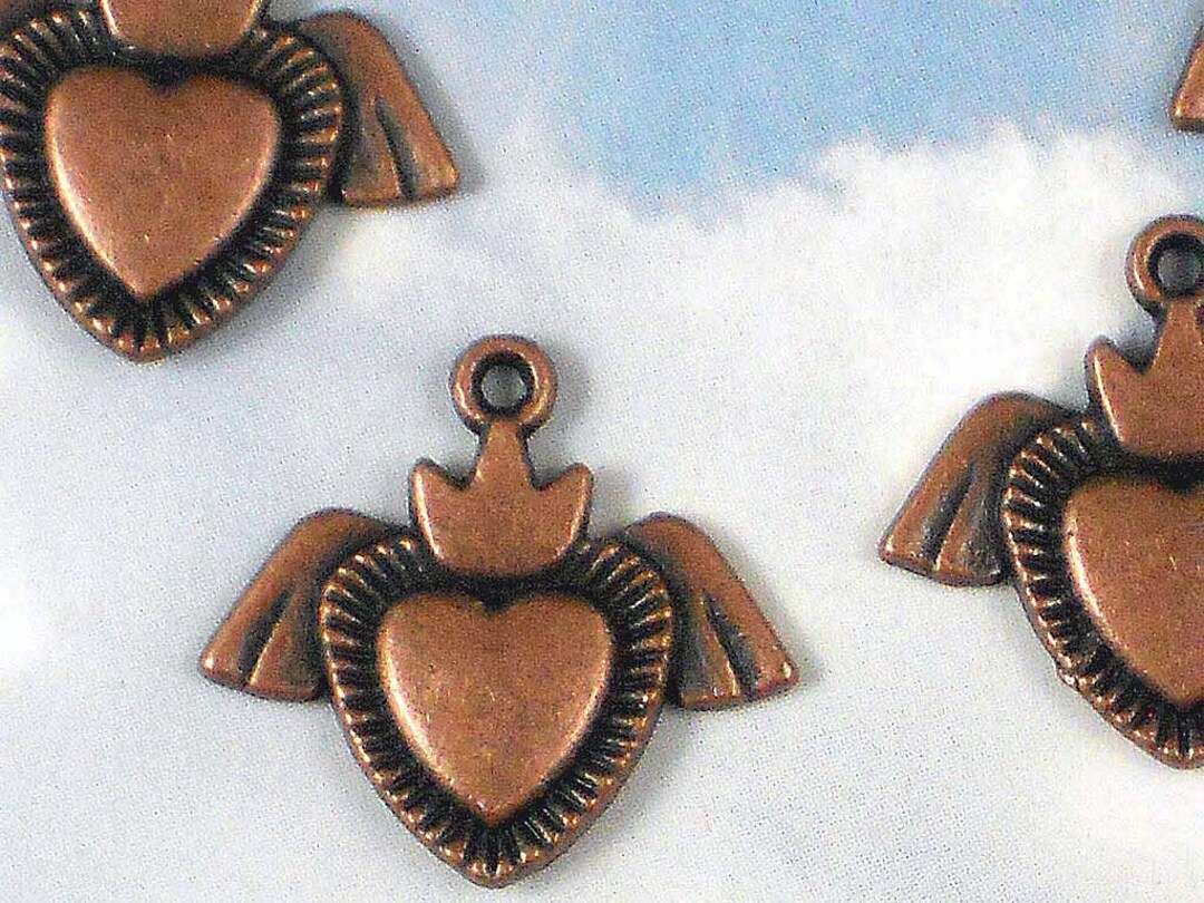 12 Flying Crown Winged Heart Charms Antiqued Copper Tone Pendants P013 ...