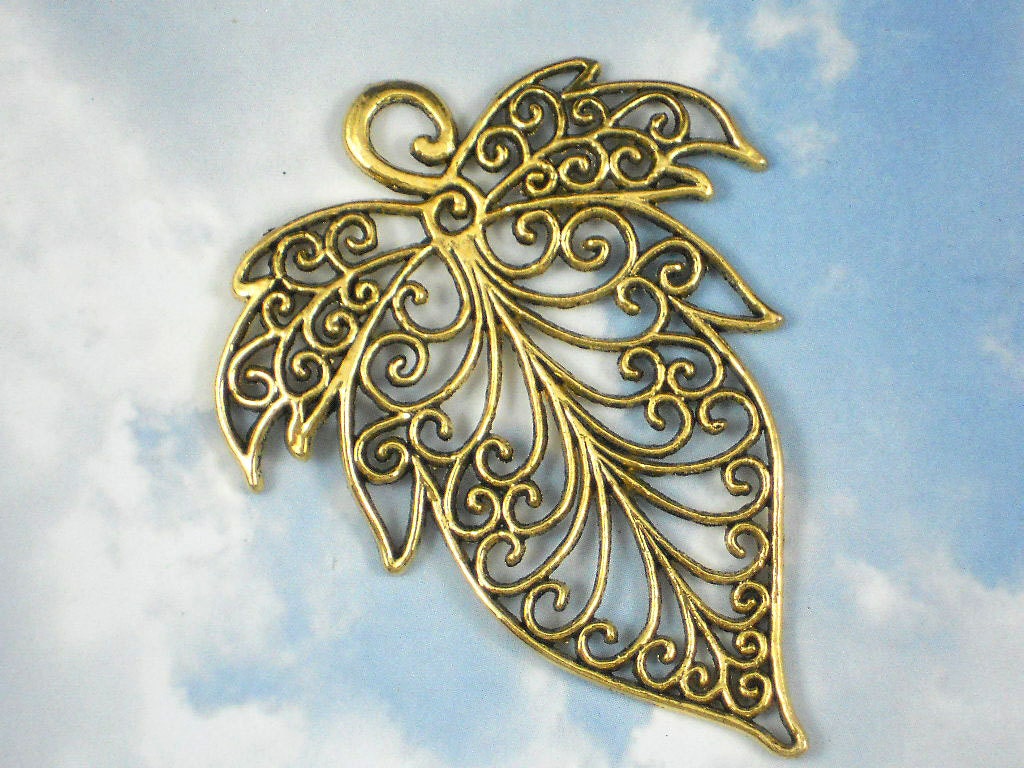 3 Large 72mm Filigree Antiqued Gold Scroll Leaf Pendants | Etsy