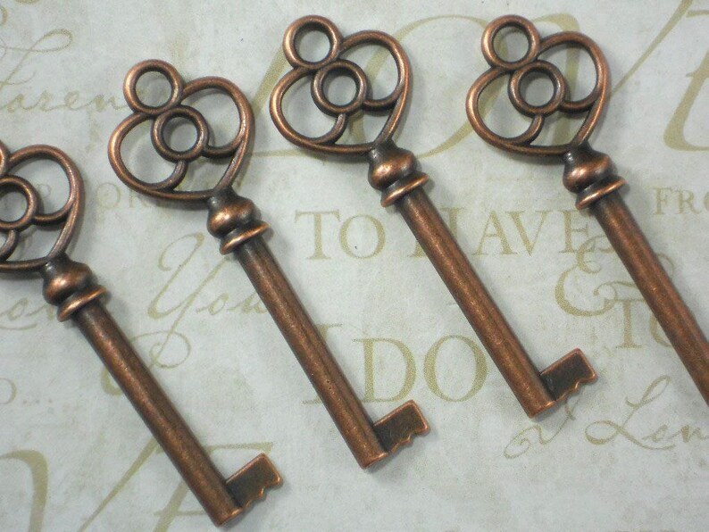 4 Heart Keys Large Skeleton Key Pendants Red Copper 61mm for | Etsy