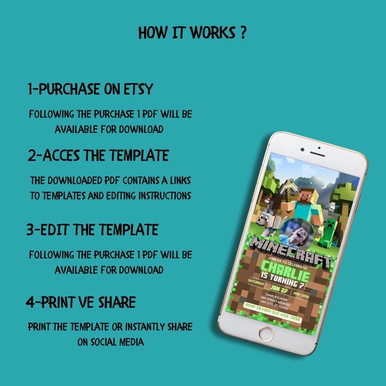 Minecrafter Birthday Invitation, Boys and Girls Minecraft Invite, Minecraft Theme Party ...