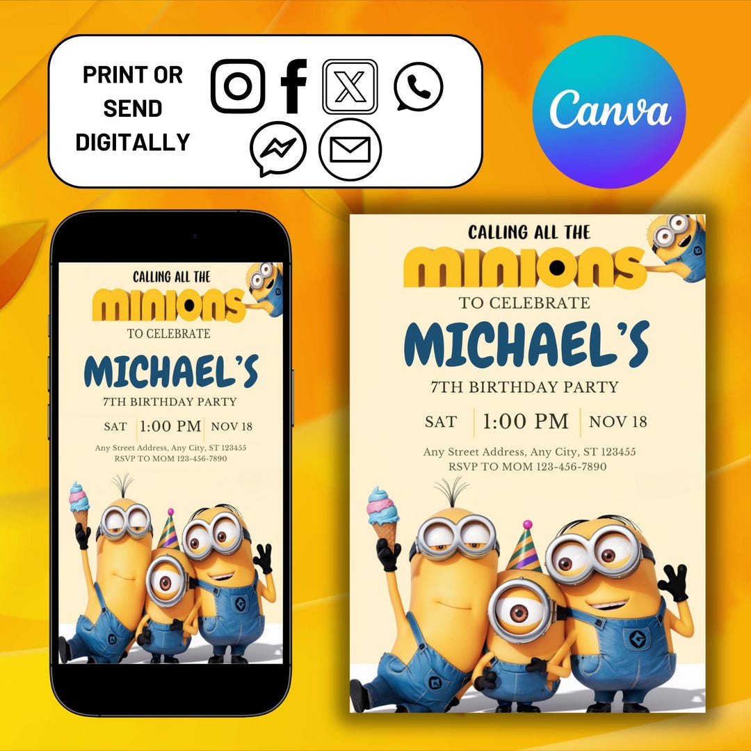 Editable Minion Birthday Invitation, Printable Party Invite, Digital ...