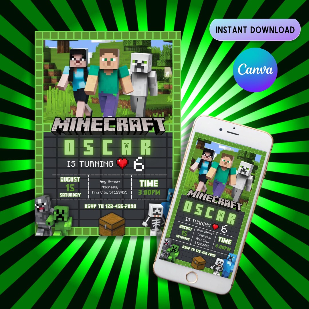 Editable Minecraft Birthday Invitation, Gamers Minecrafter Birthday ...