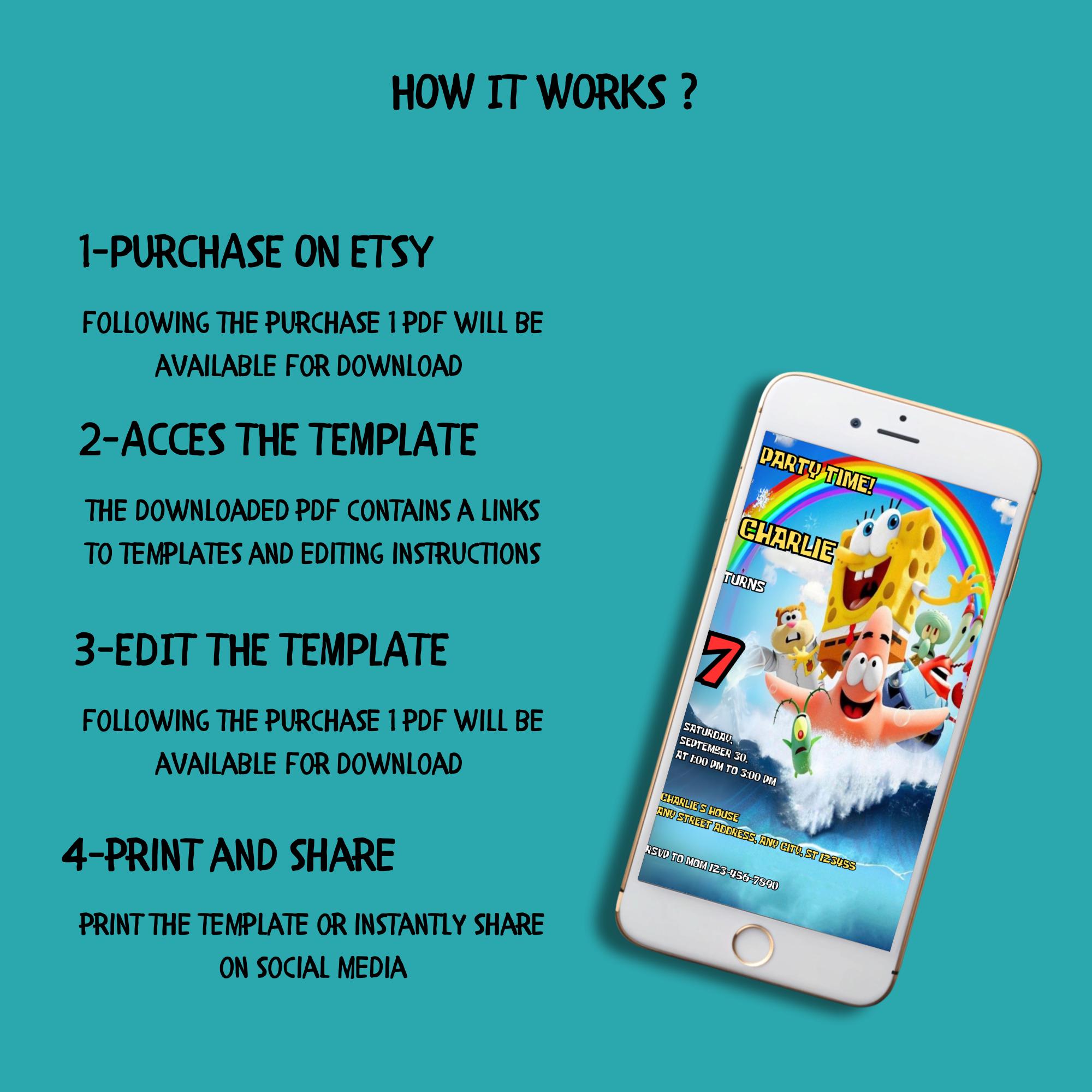 Editable Spongebob Birthday Invitation, Digital Spongebob Party Invite ...