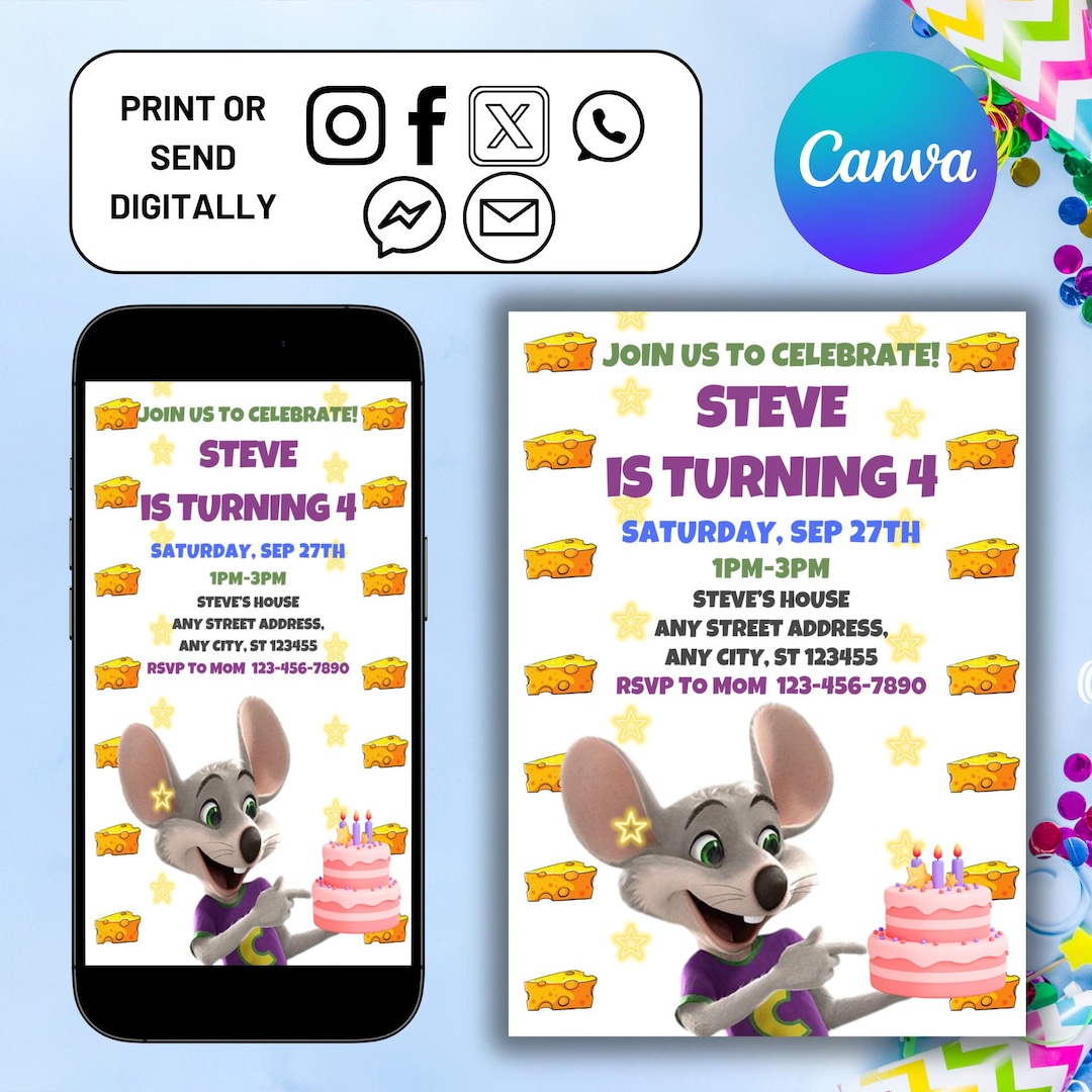 Editable Chuck E. Cheese Birthday Invitation, Chuck E. Party Evite ...