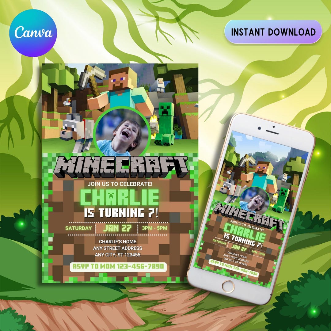Minecrafter Birthday Invitation, Boys and Girls Minecraft Invite ...
