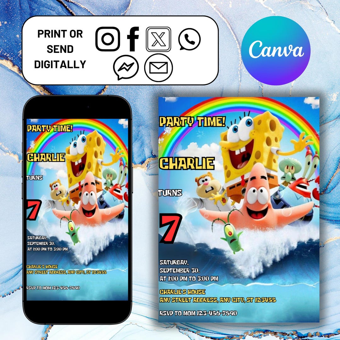 Editable Spongebob Birthday Invitation, Digital Spongebob Party Invite ...