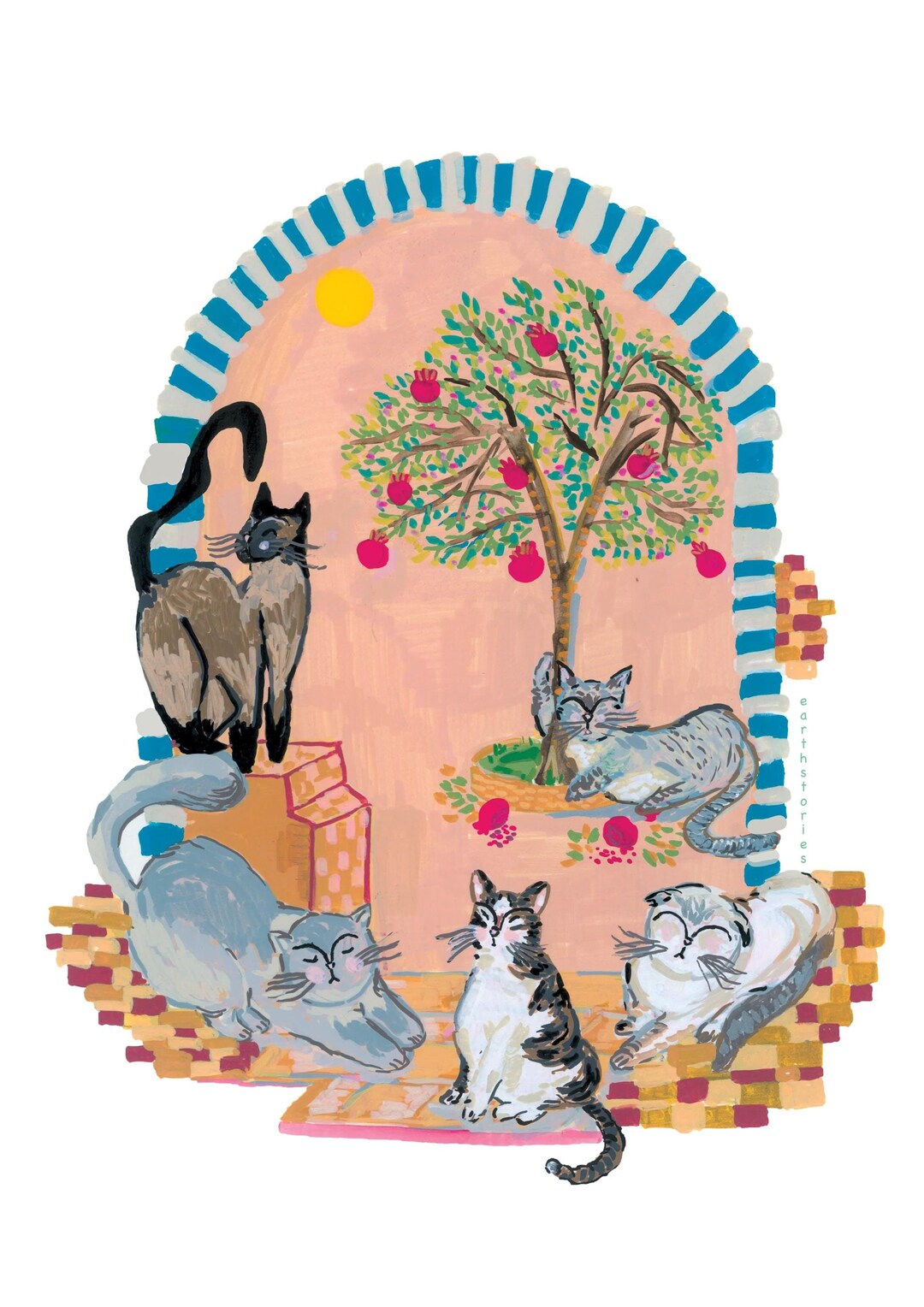 Pomegranate Cat Art Print, Whimsical Feline Illustration - Etsy