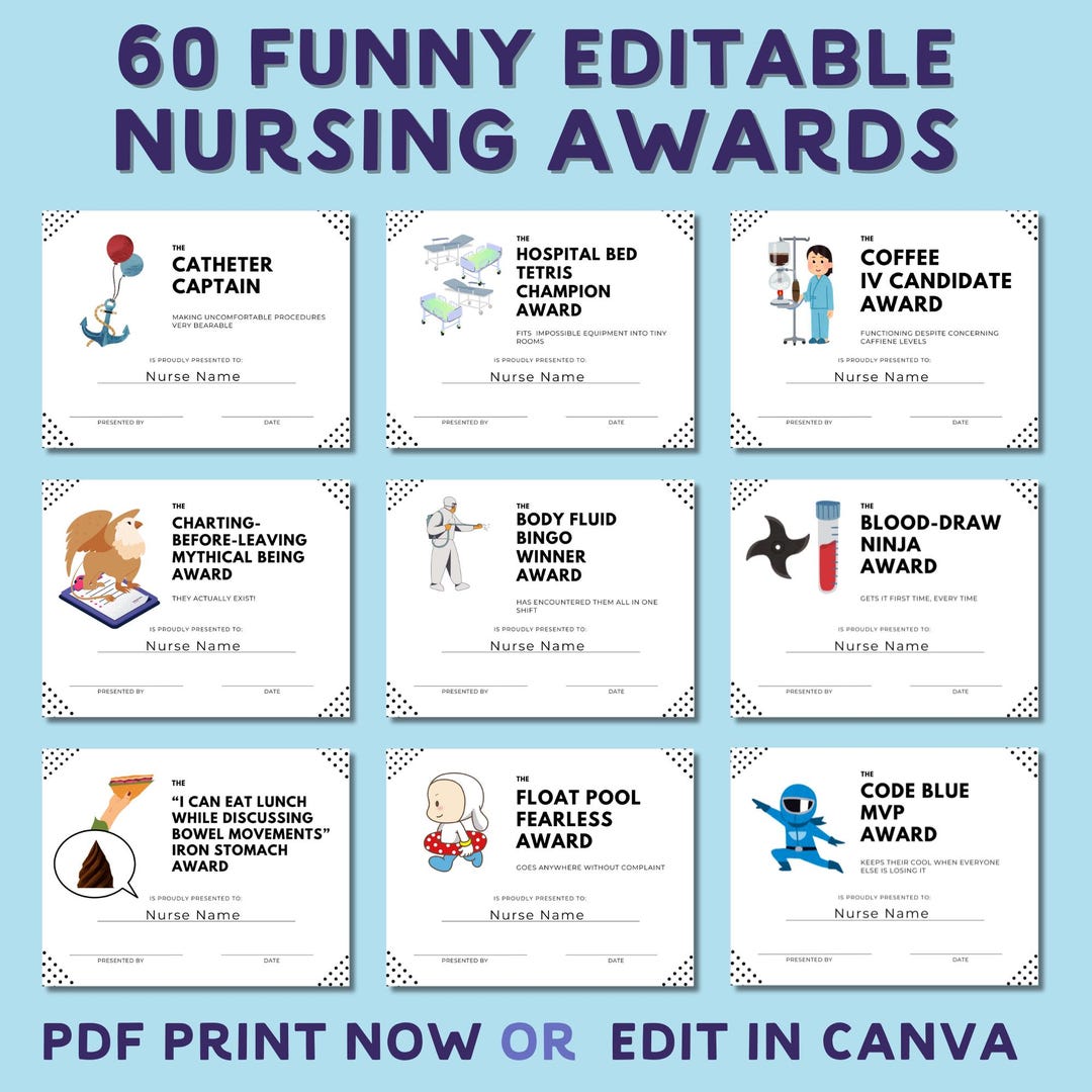 60 Funny Nursing Award Certificates | Print Now OR Editable Canva ...
